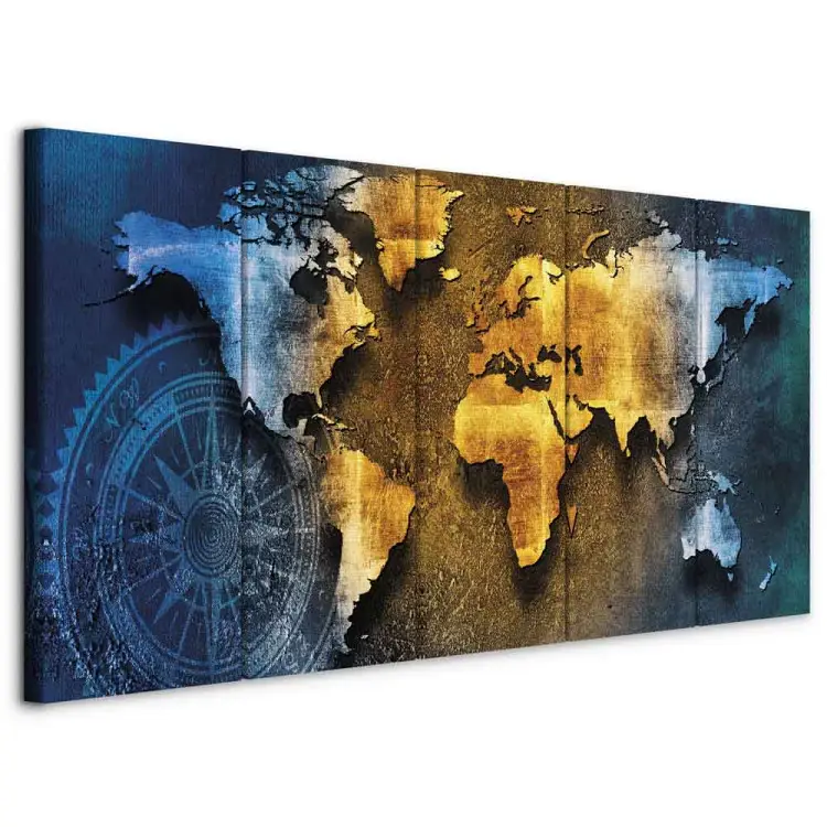 Canvas Print Blue Shadow (5-piece) - World Map with Compass on Texture ...