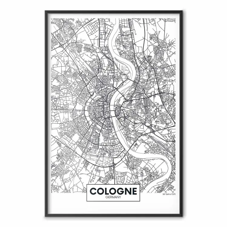 Poster Cologne Map - black and white map of the German city on a light ...