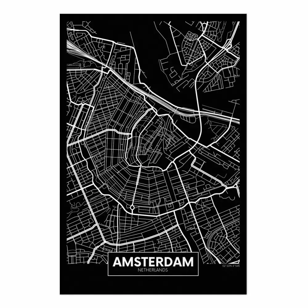 Wall Poster Dark Map of Amsterdam - black and white composition with ...