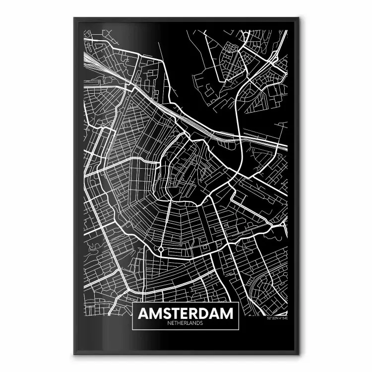 Poster Dark Map of Amsterdam - black and white composition with simple ...