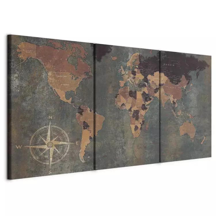 Canvas Print Vintage World Map (3-piece) Green - bimago