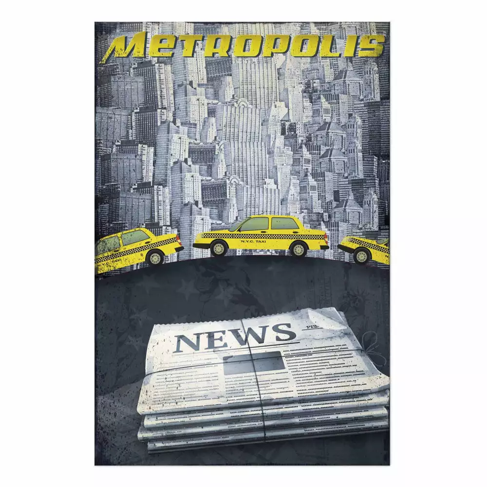 Wall Poster Metropolis - newspapers with captions and yellow cars ...
