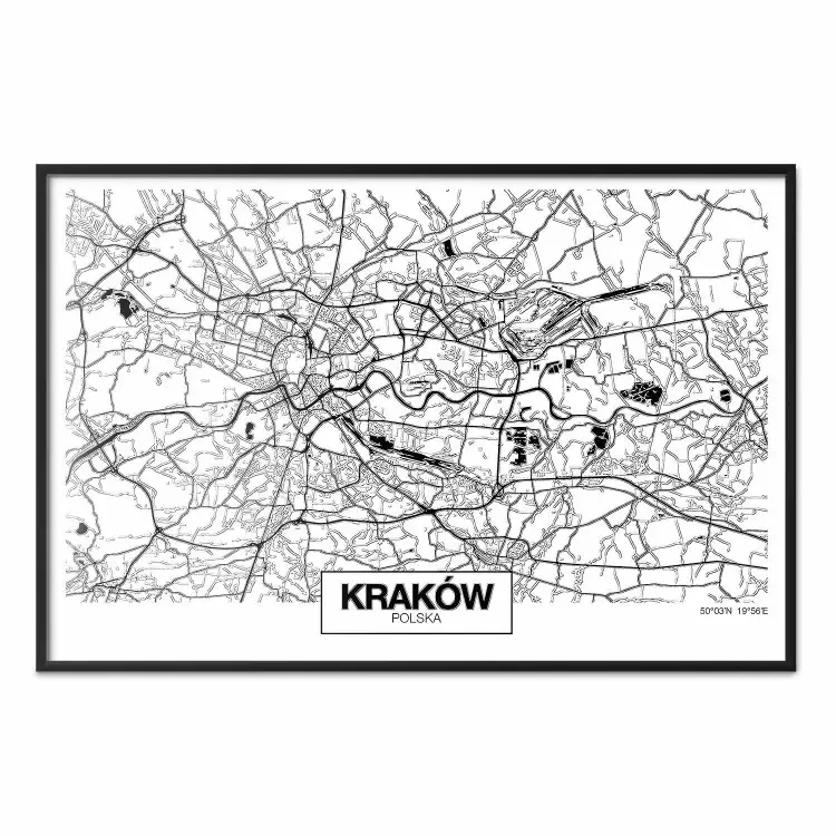 Wall Poster City Map: Kraków - black and white map of Kraków with city ...