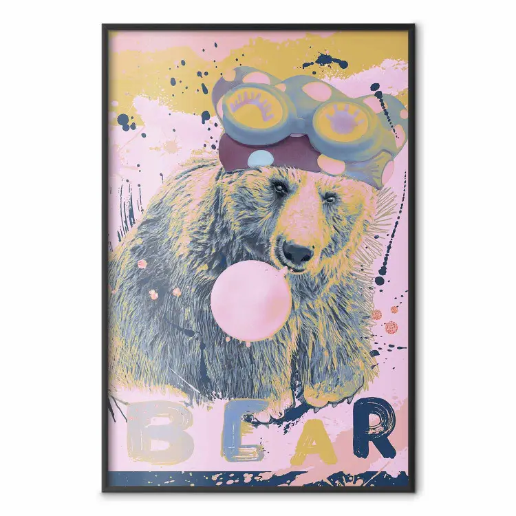 Wall Poster Bear and Balloon - playful animal in a colorful pink motif ...