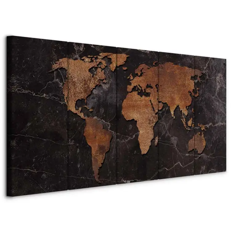 Canvas Painting Copper Map (5-piece) narrow - world map on a dark ...