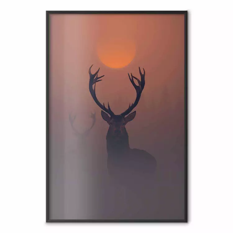 Wall Poster Deer in the Mist - animal against a sunset backdrop during ...