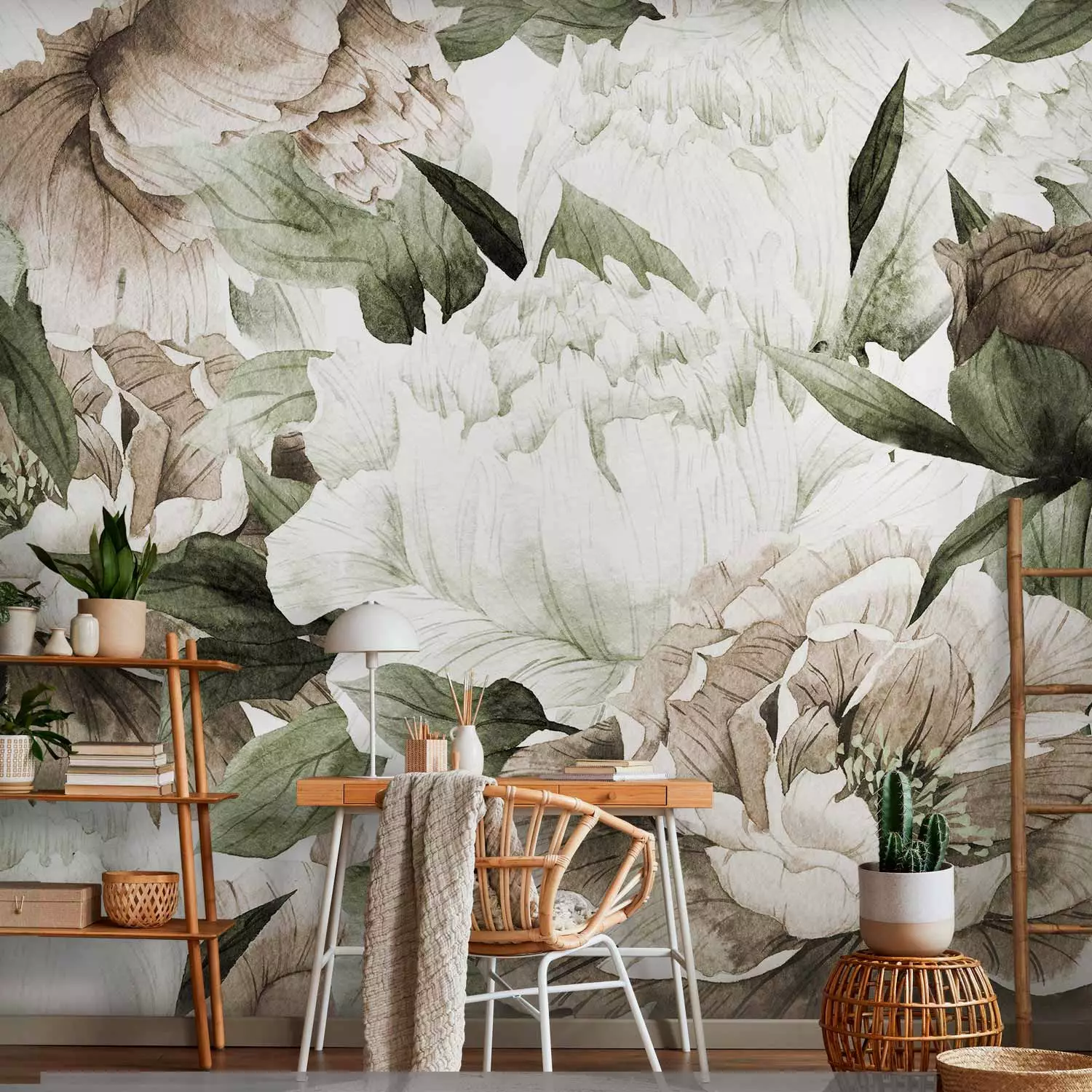 Photo Wallpaper Flowers in bloom floral motif composition with peonies and leaves bimago