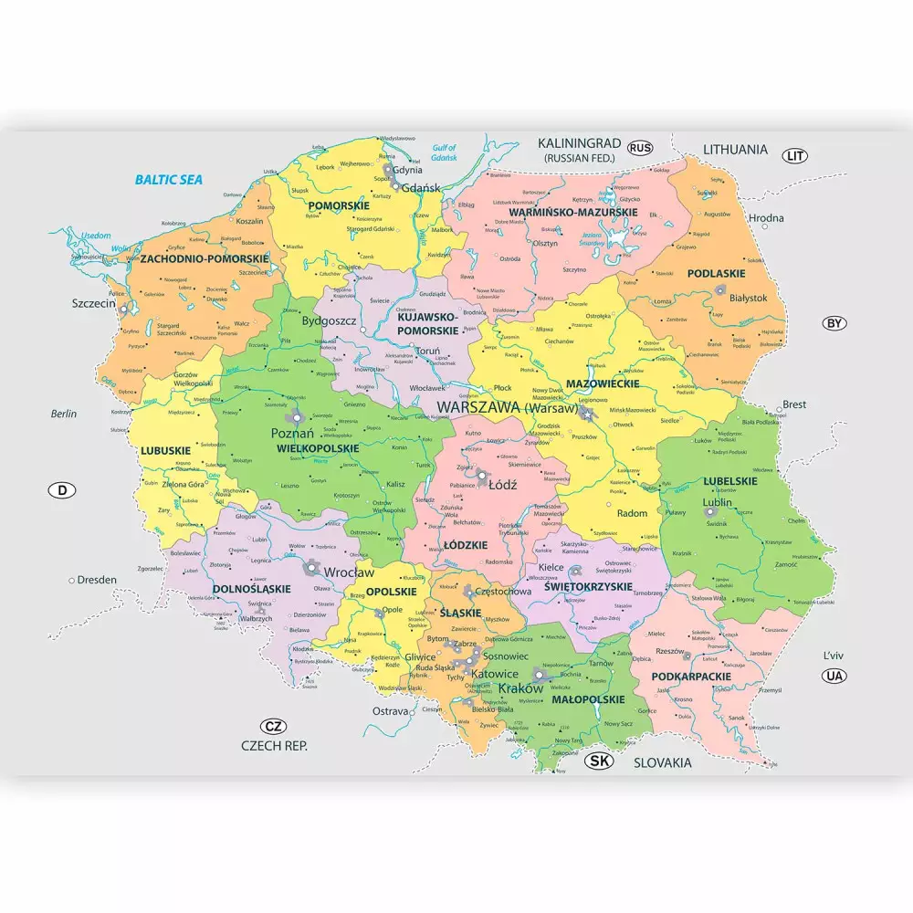 Wall Mural Map of Poland - geographical grid with division of the ...