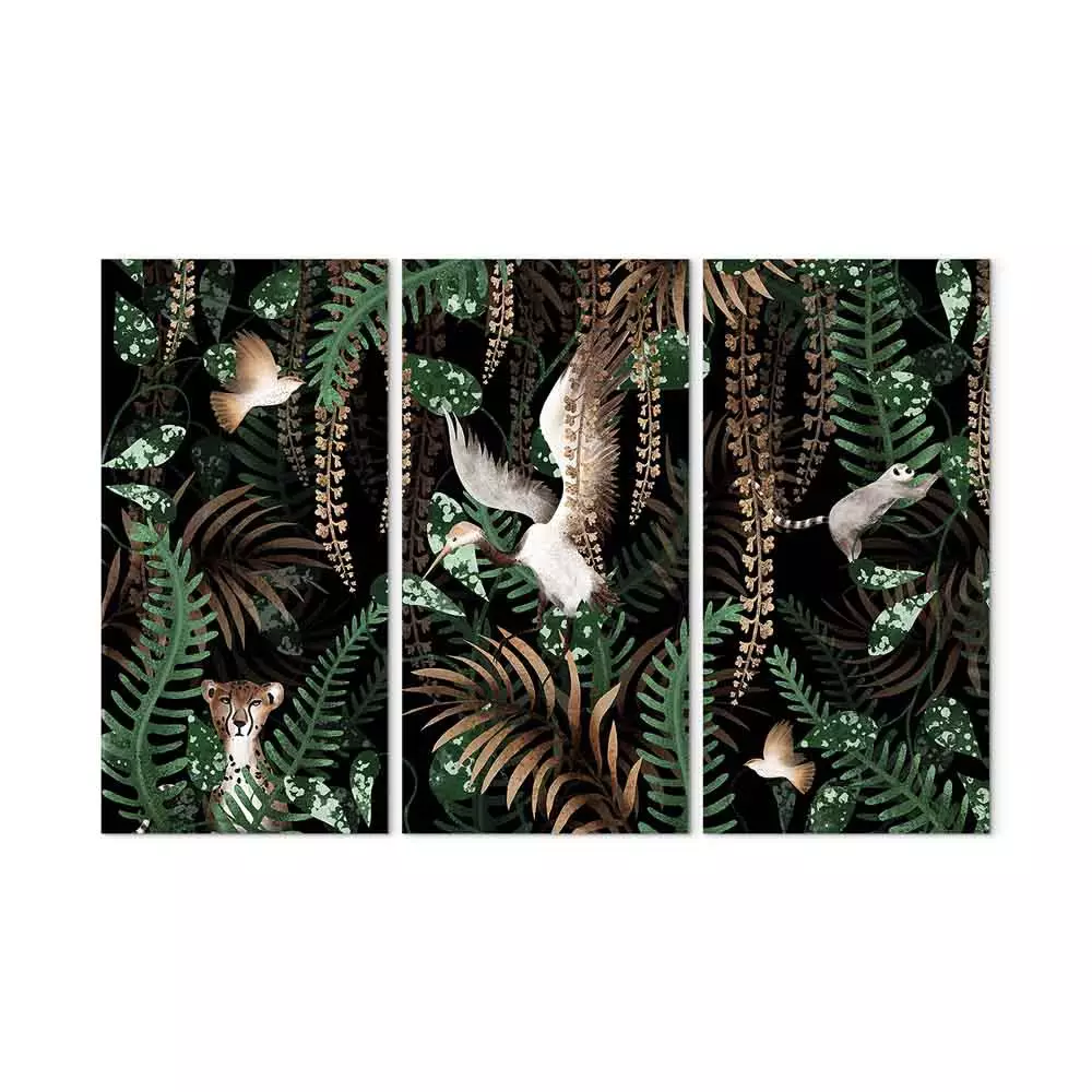 Canvas Print Tropical Jungle - Triptych with Exotic Animals - bimago