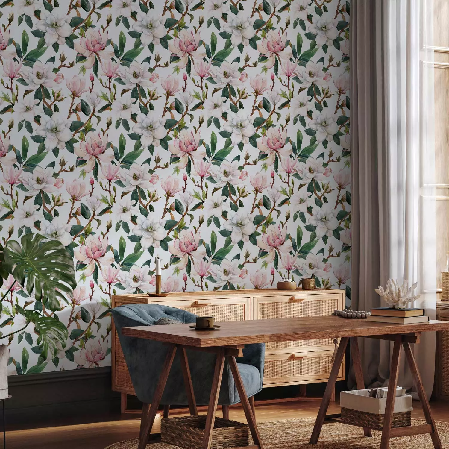 Wallpaper Beautiful Magnolia Pattern of White and Pink Flowers on the Branches bimago