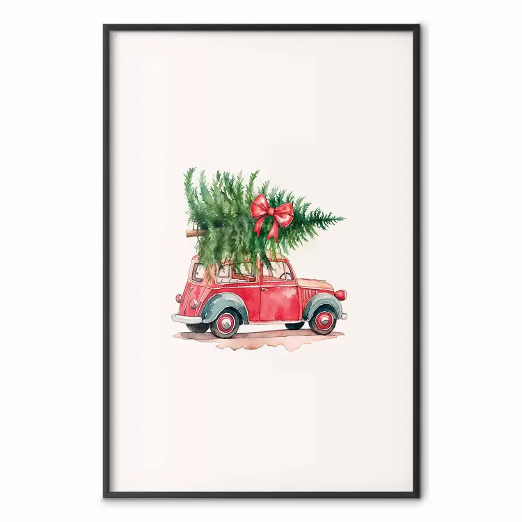 Poster Christmas Transport - Watercolor Red Car With a Christmas Tree ...