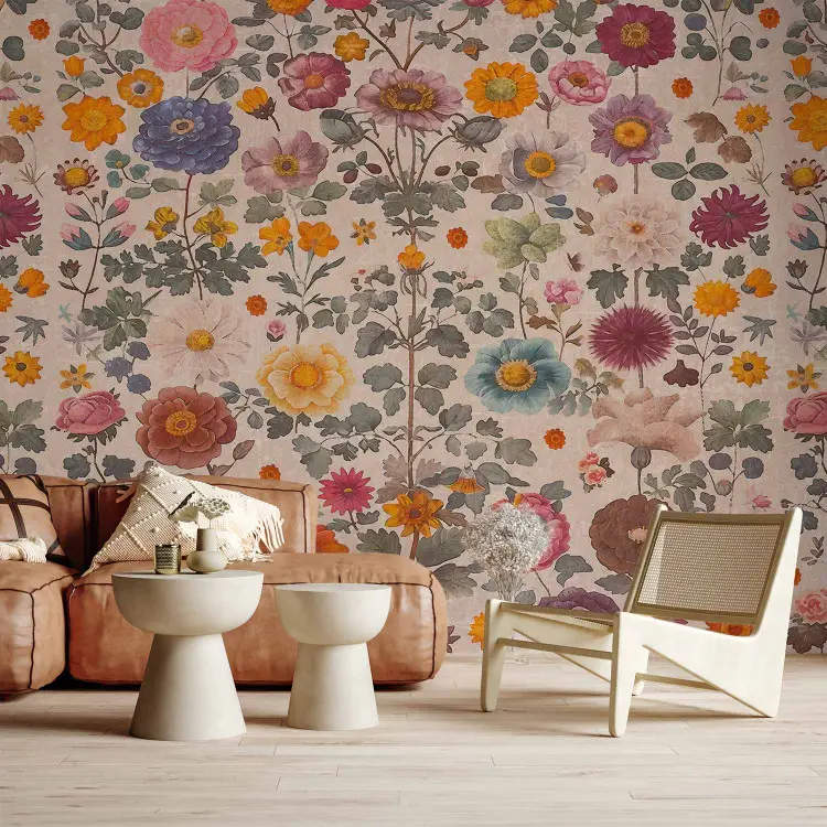 Wall Mural Spring Rhapsody - Flowers in Shades of Pink, Yellow, and ...