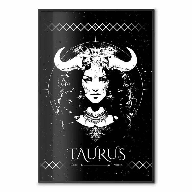Wall Poster Zodiac Taurus - woman with horns and jewelry in black and ...
