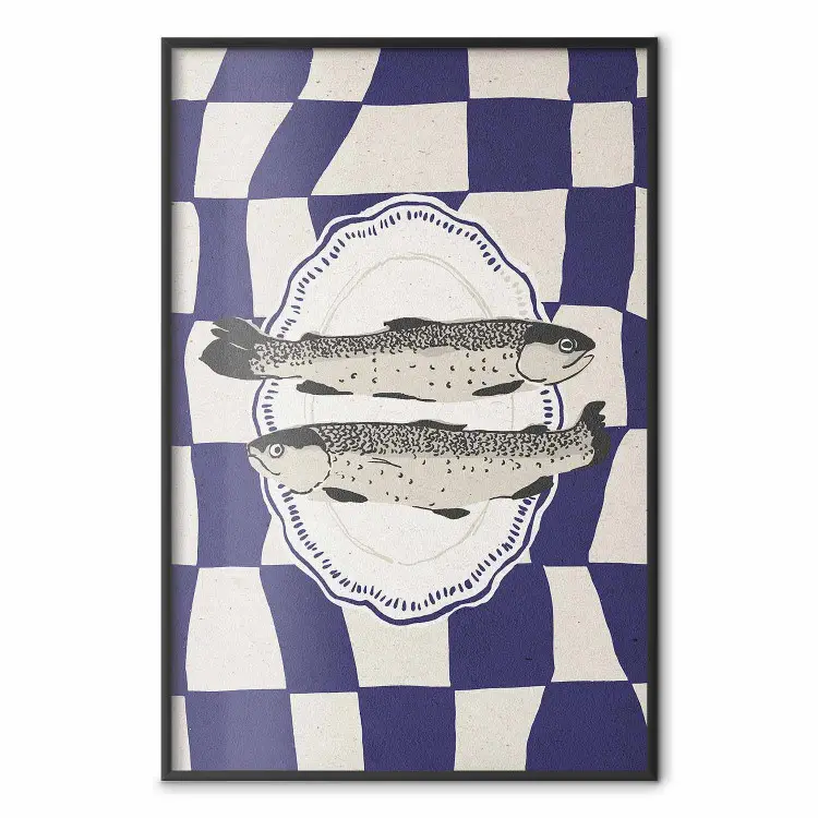 Wall Poster Fish and plaid - a minimalist composition on a blue and ...