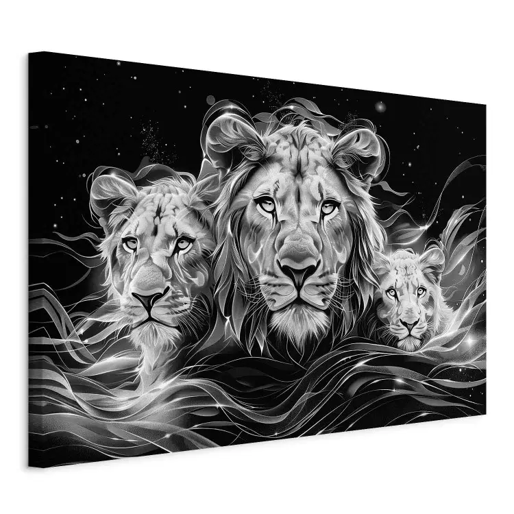 Canvas Painting Lion Family - Portrait of Black and White Lions in a ...