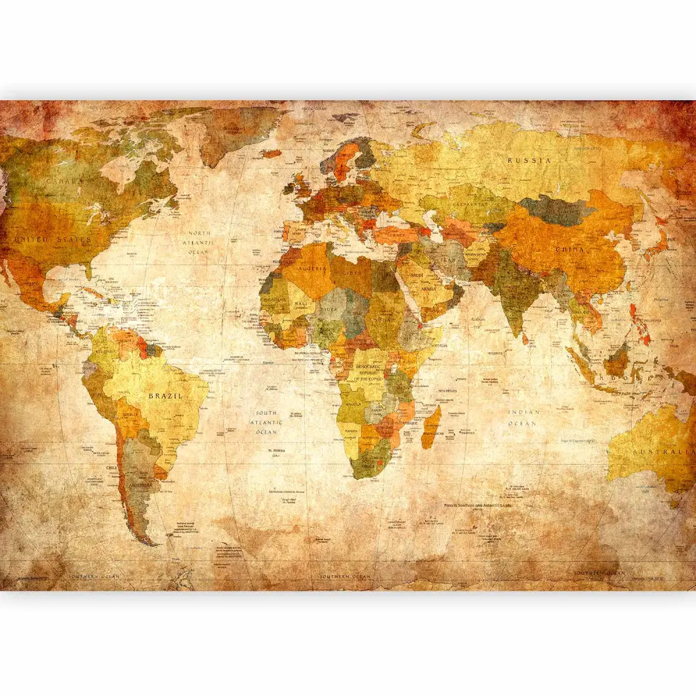 Wall Mural World Map - map with country and capital labels in a retro ...