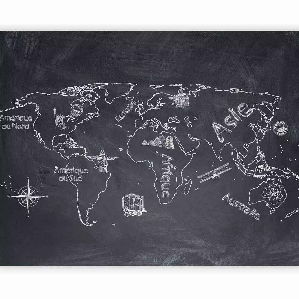 Wall Mural World Map - continents drawn with chalk on a black ...