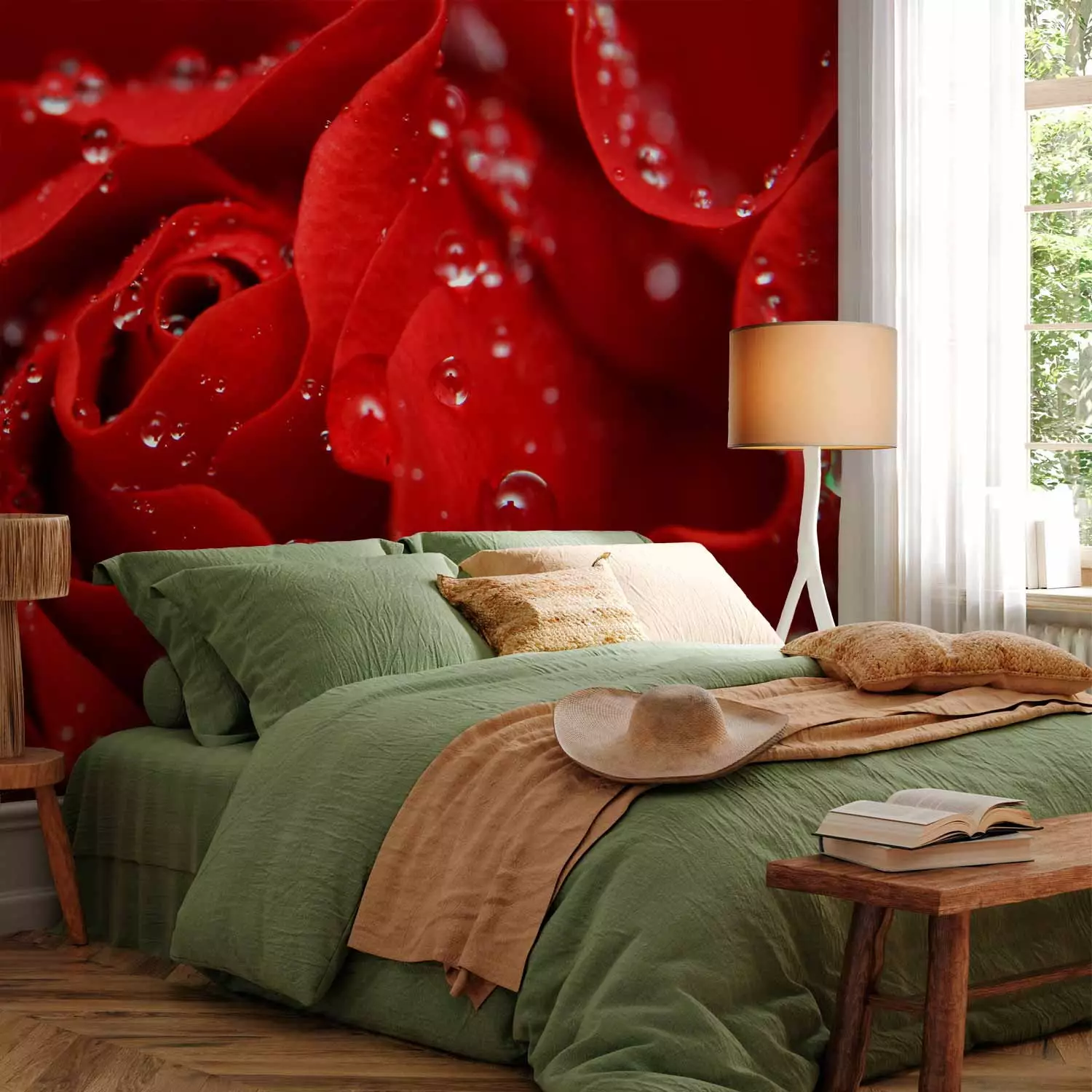 Photo Wallpaper Dewy Rose - Macro Shot of a Red Rose Flower with Water ...