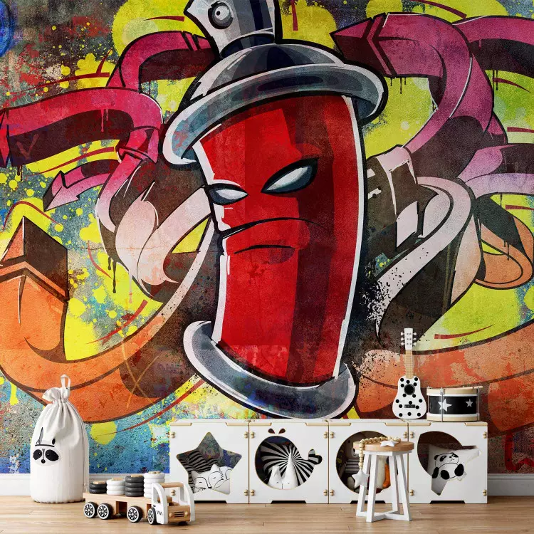 Wall Mural Graffiti Monster Street Art with Spray Can in the Center and Colourful Background bimago