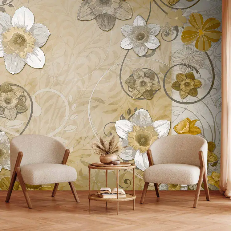 Wall Mural Time of Spring - Colorful Flowers on a Light Brown ...