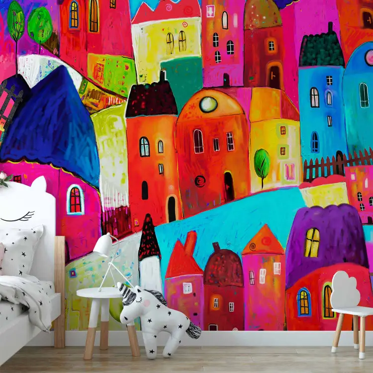 Wall Mural Rainbow Town - Colorful city with buildings and trees for ...