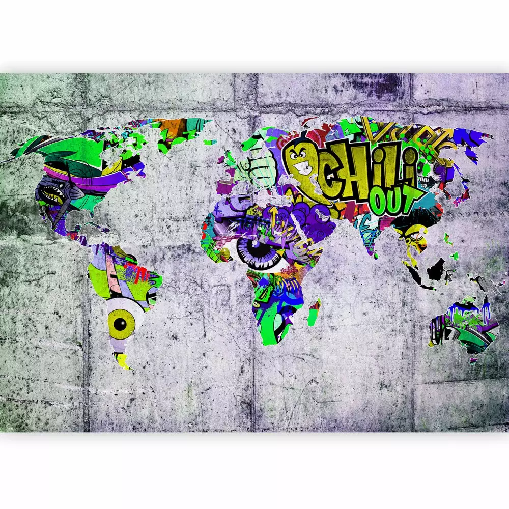 Photo Wallpaper Graffiti world - colourful world map on concrete ...