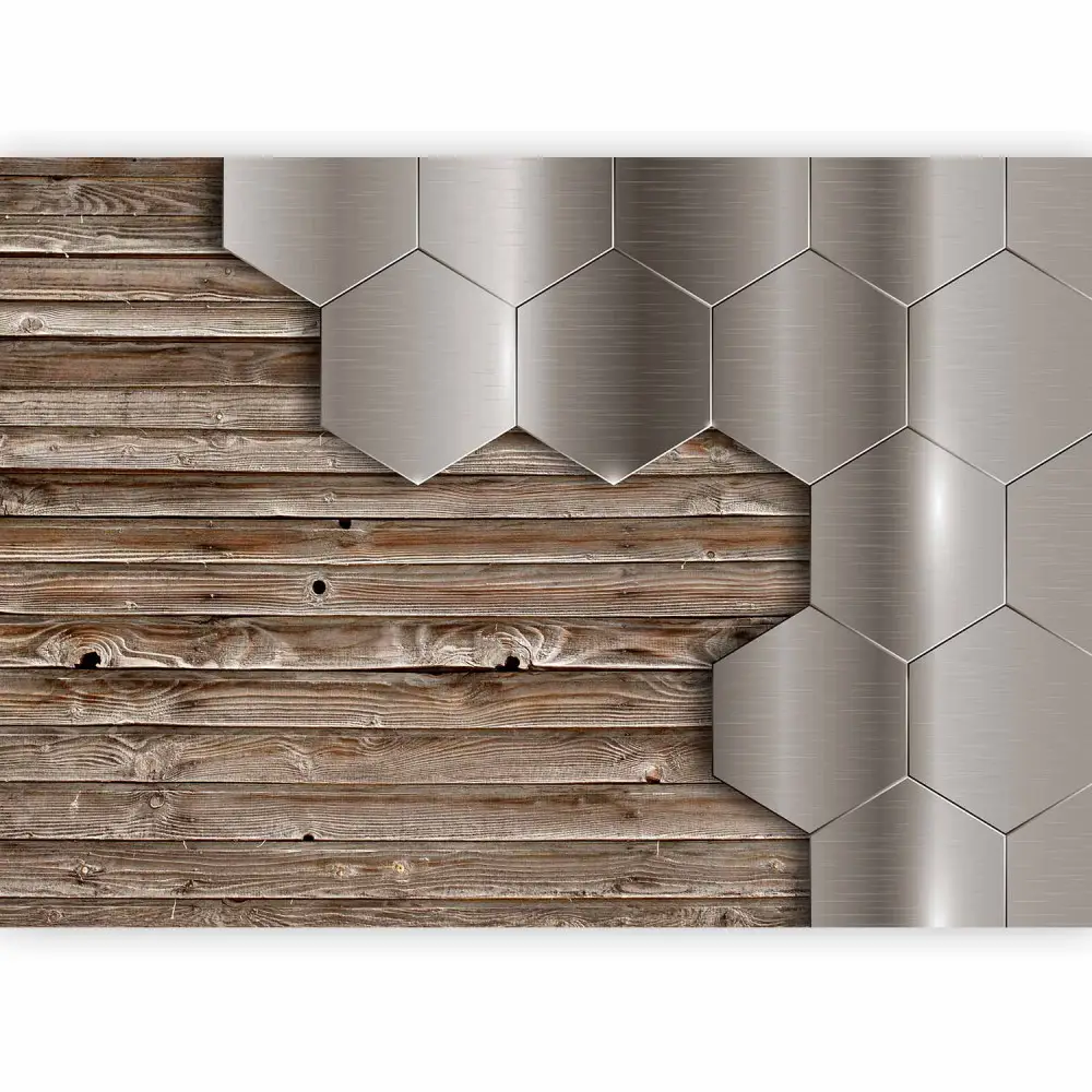 Photo Wallpaper Wood and Metal - Design with Metallic Geometric Shapes ...