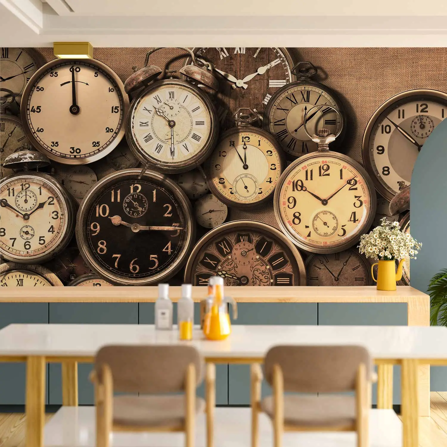Wall Clocks Wallpaper Round Clock With Roman Numerals, Statement Piece