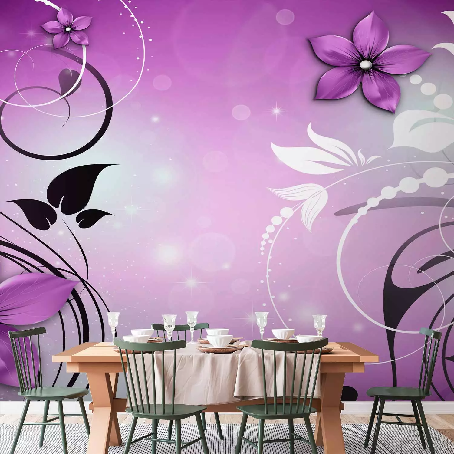 Photo Wallpaper Purple flowers black and white pattern and leaf ornaments bimago