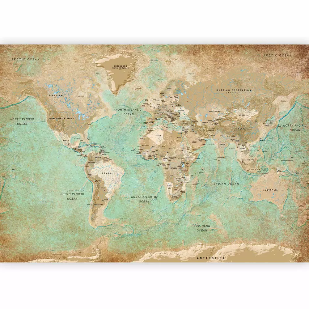 Photo Wallpaper Turquoise world map - continents in shades of beige on ...