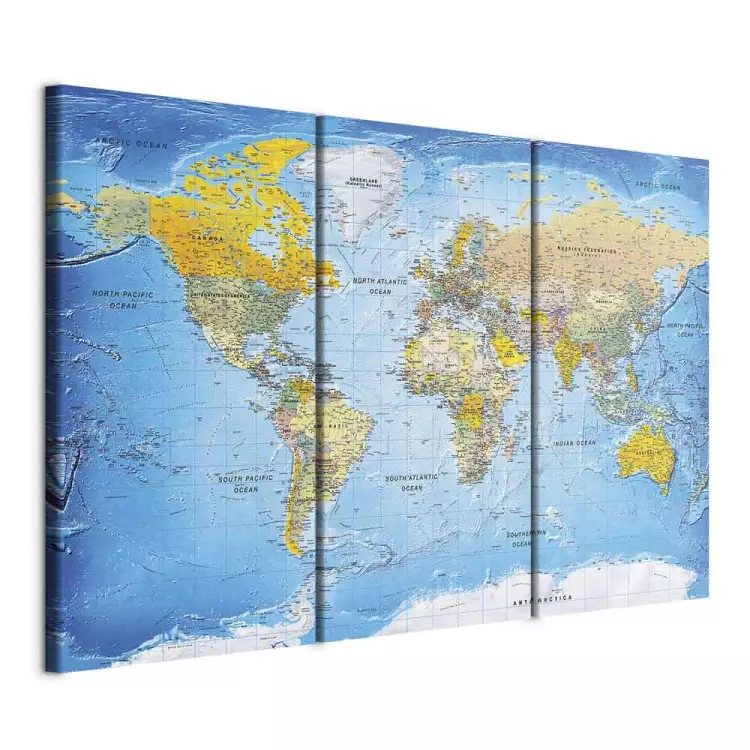 Canvas Art World Map: Song of Oceans (3-part) - map and writings in ...