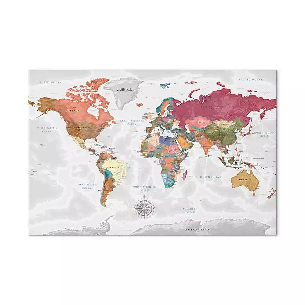 Art Print Journeys Through the World - Colorful World Map with English ...
