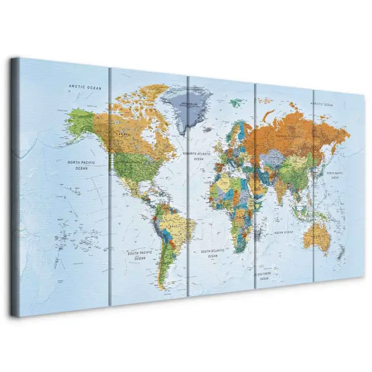 Art Print Detailed World Map (5-piece) - Seven Continents in Color - bimago